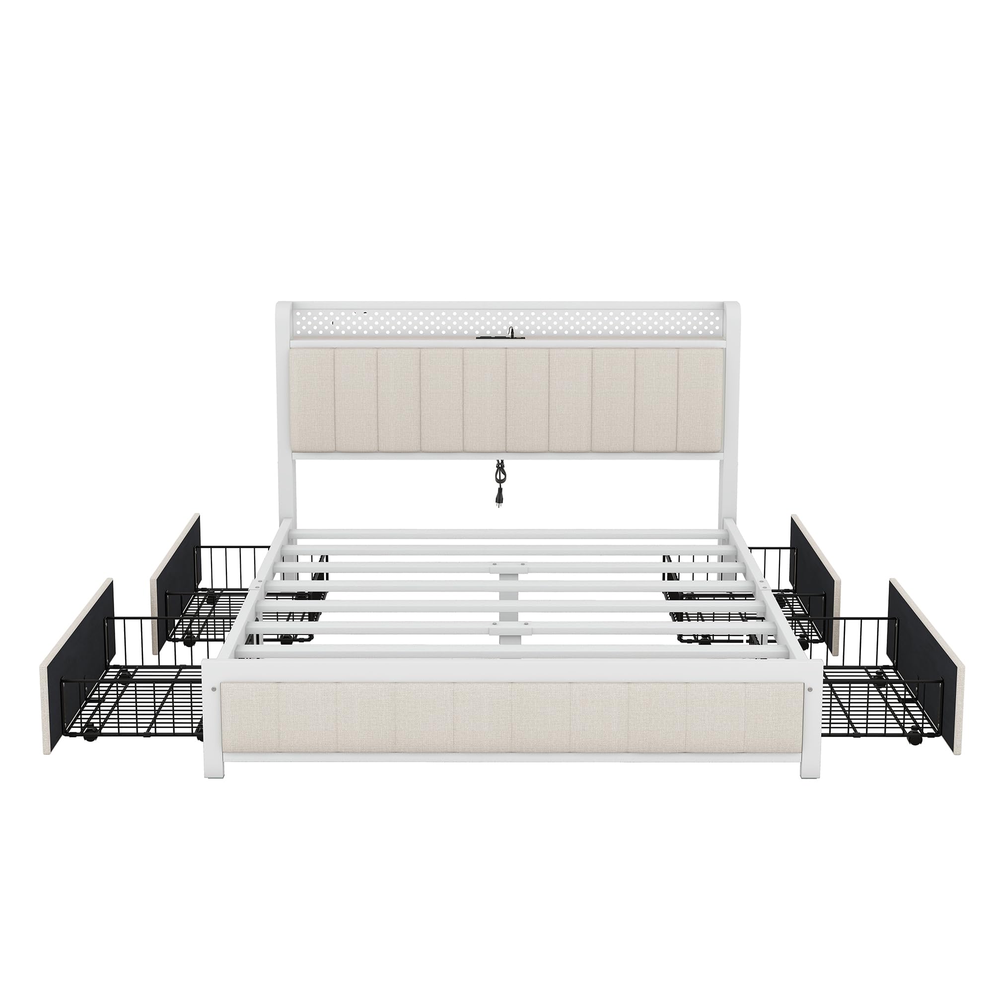 Queen Size Bed Frame with LED Headboard, Metal and Upholstered Platform Bed with Charging Station and 4 Drawers Storage, No Box Spring Needed, Beige
