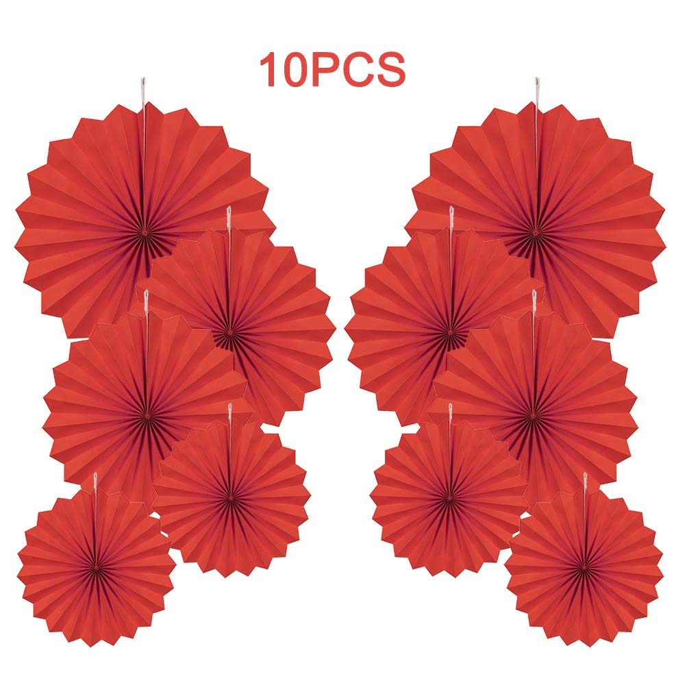 AimtoHome Party Hanging Paper Fans Decorations Set, Red Round Paper Fan Ceiling Party Decoration Suppiles,Set of 10
