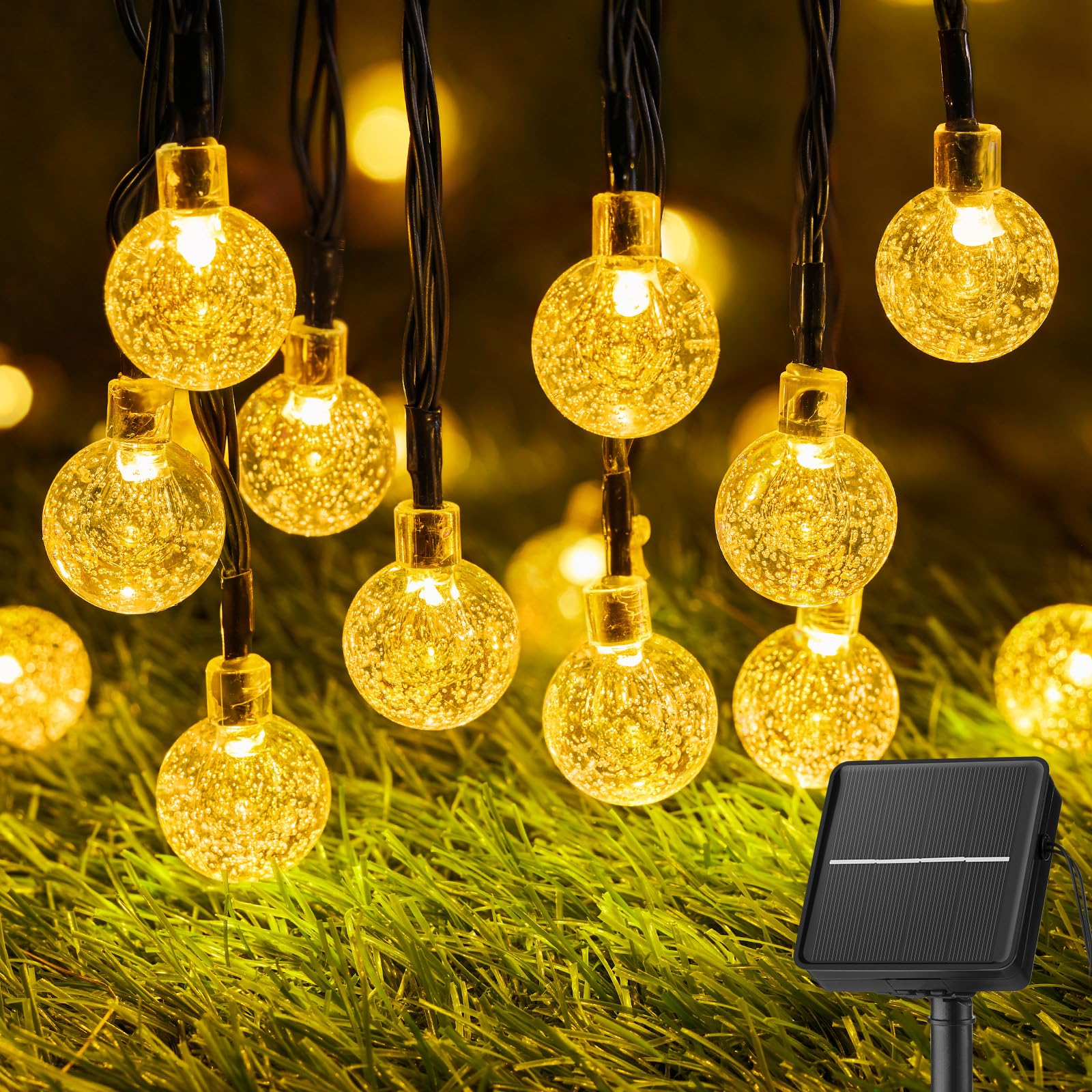 Solar String Lights Outdoor 60 Led 35.6 Feet Crystal Globe Lights with 8 Lighting Modes, Waterproof Solar Powered Patio Lights for Garden Yard Porch Wedding Party Decor (Warm White)