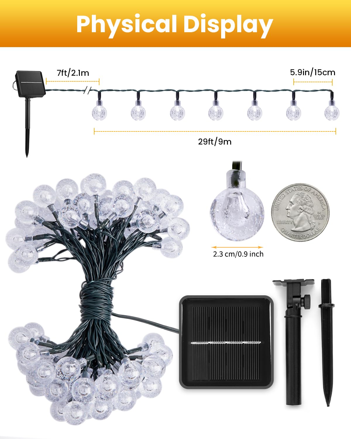 Solar String Lights Outdoor 60 Led 35.6 Feet Crystal Globe Lights with 8 Lighting Modes, Waterproof Solar Powered Patio Lights for Garden Yard Porch Wedding Party Decor (Warm White)