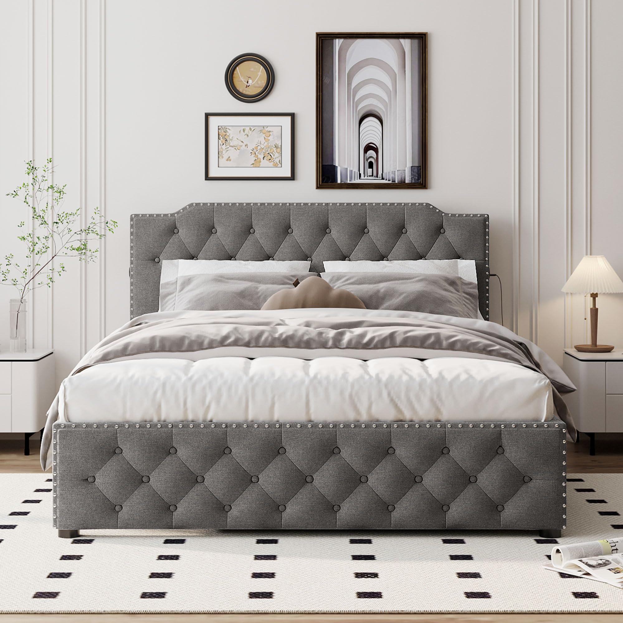JIVOIT Queen Size Upholstered Platform Bed with Twin Trundle and 2 Sets of USB Ports on Each Side, Linen Fabric Upholstered Bed with Button-Tufted Headboard and Footboard (Gray,Trundle,USB Ports)