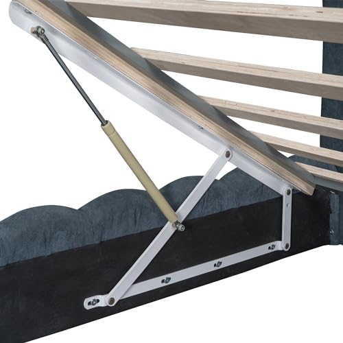 HAUSHECK Upholstered Bed Frame Queen Size with Large Underneath Storage, LED Headboard and USB Ports, Queen Floor Bed Frame w/Wooden Slats Support, Modern Platform Bed No Box Spring Needed