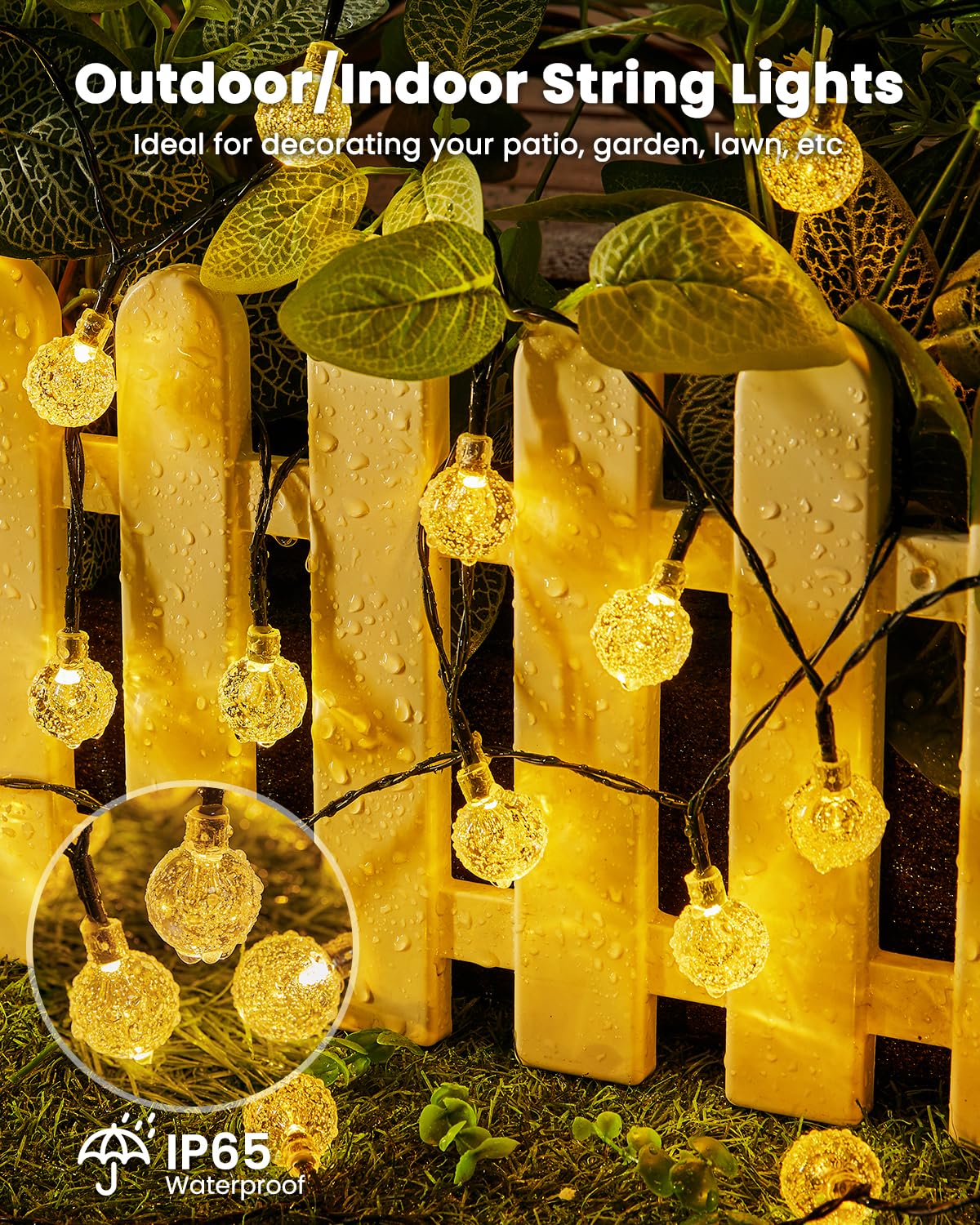 Solar String Lights Outdoor 60 Led 35.6 Feet Crystal Globe Lights with 8 Lighting Modes, Waterproof Solar Powered Patio Lights for Garden Yard Porch Wedding Party Decor (Warm White)