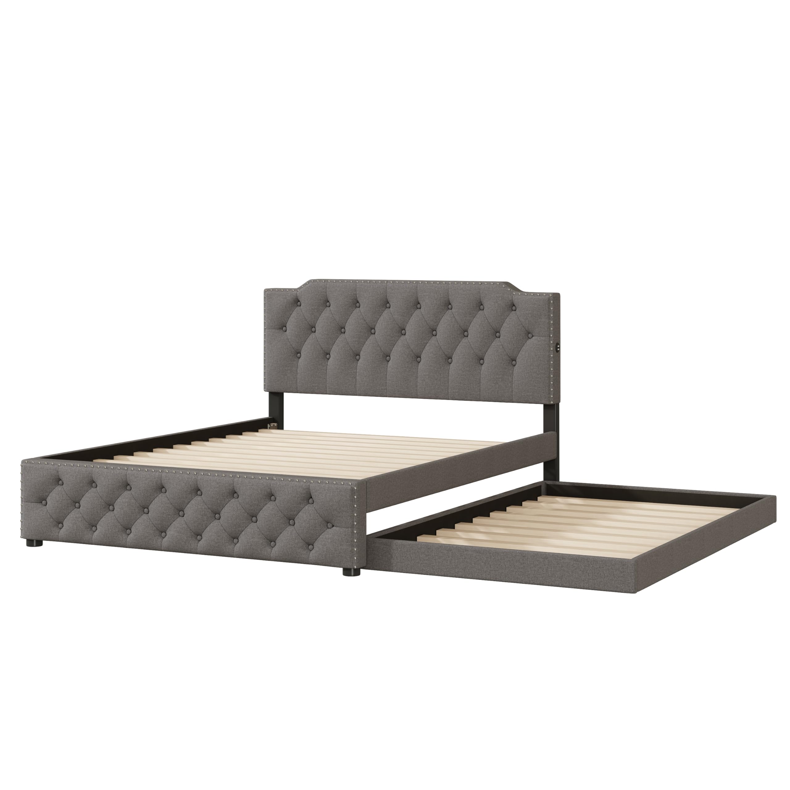 JIVOIT Queen Size Upholstered Platform Bed with Twin Trundle and 2 Sets of USB Ports on Each Side, Linen Fabric Upholstered Bed with Button-Tufted Headboard and Footboard (Gray,Trundle,USB Ports)