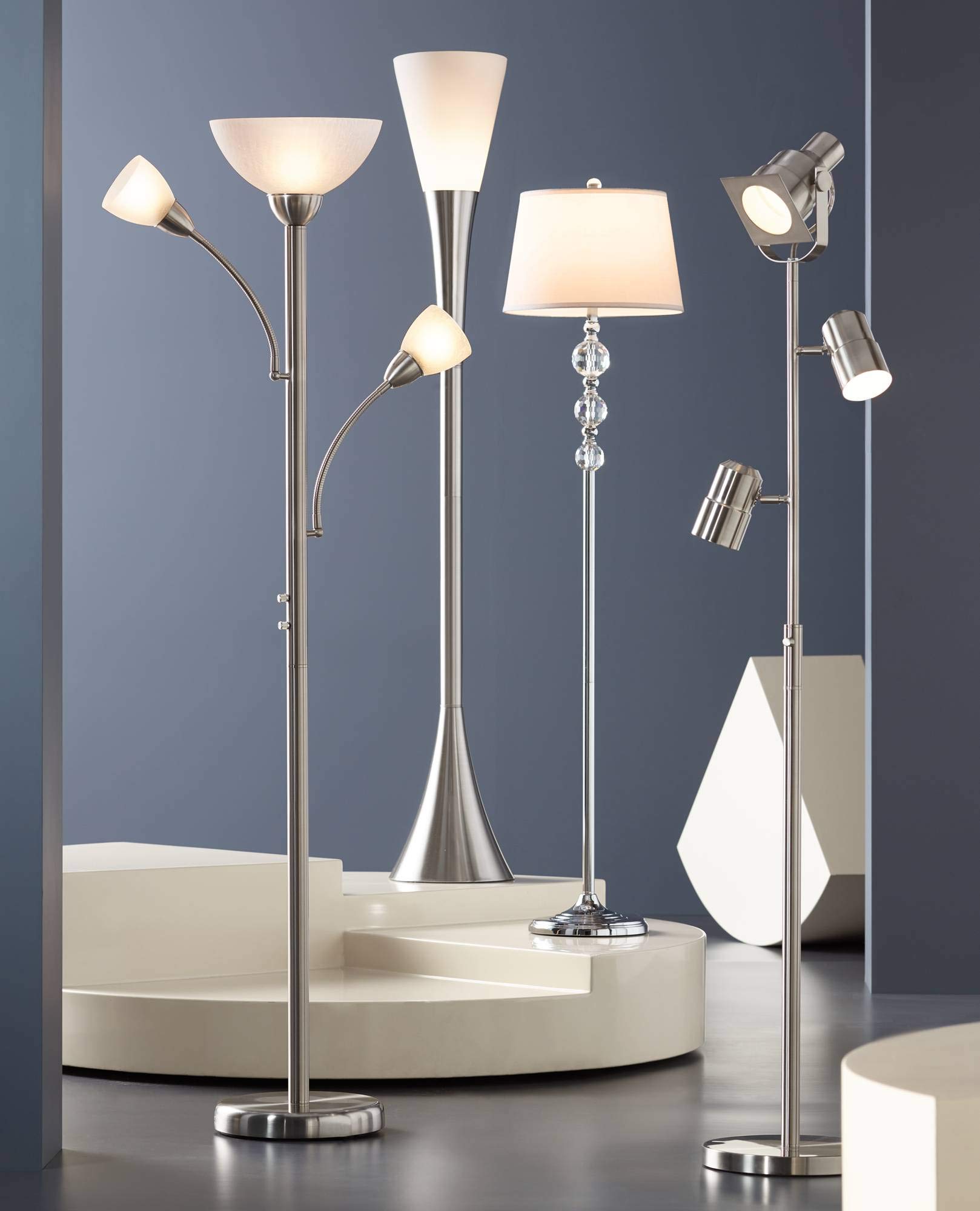 Possini Euro Design Alexei Modern Torchiere Floor Lamp Tree 3-Light Gooseneck Arm 72" Tall Brushed Nickel White Crackle Glass Pole Dimmer Living Room Reading House Bedroom Home Office