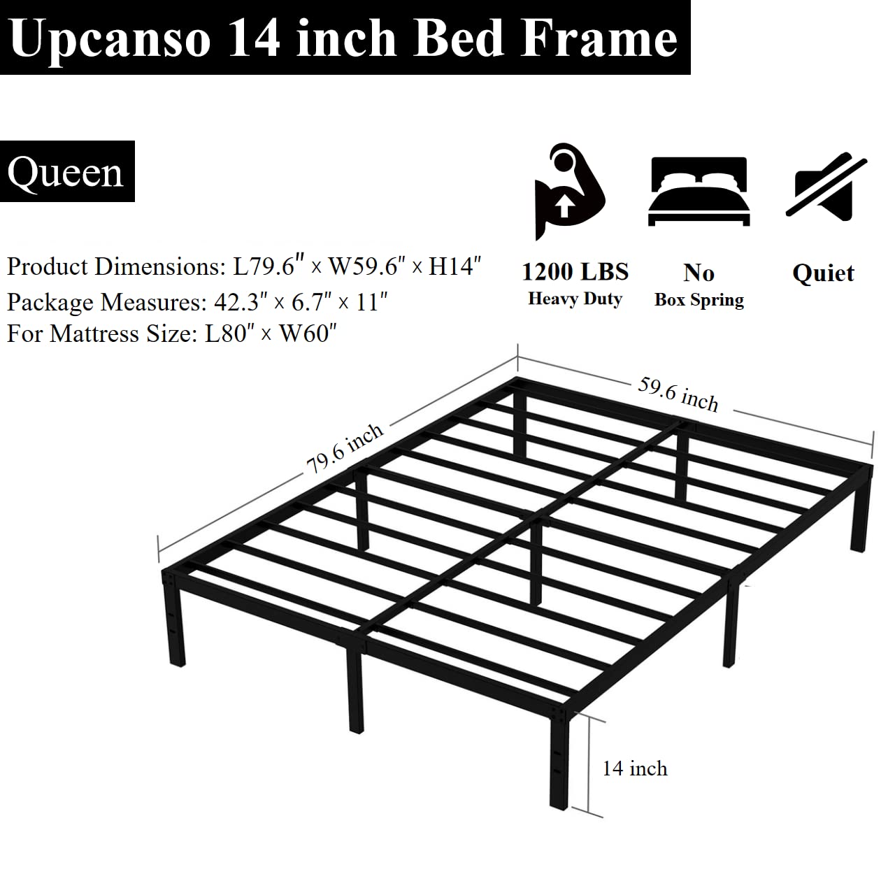 Queen Bed Frame No Box Spring Needed, 14 Inch Heavy Duty Metal Platform Bed Frame Queen Size, 1200lbs Steel Slats Support, Easy Assembly, Black