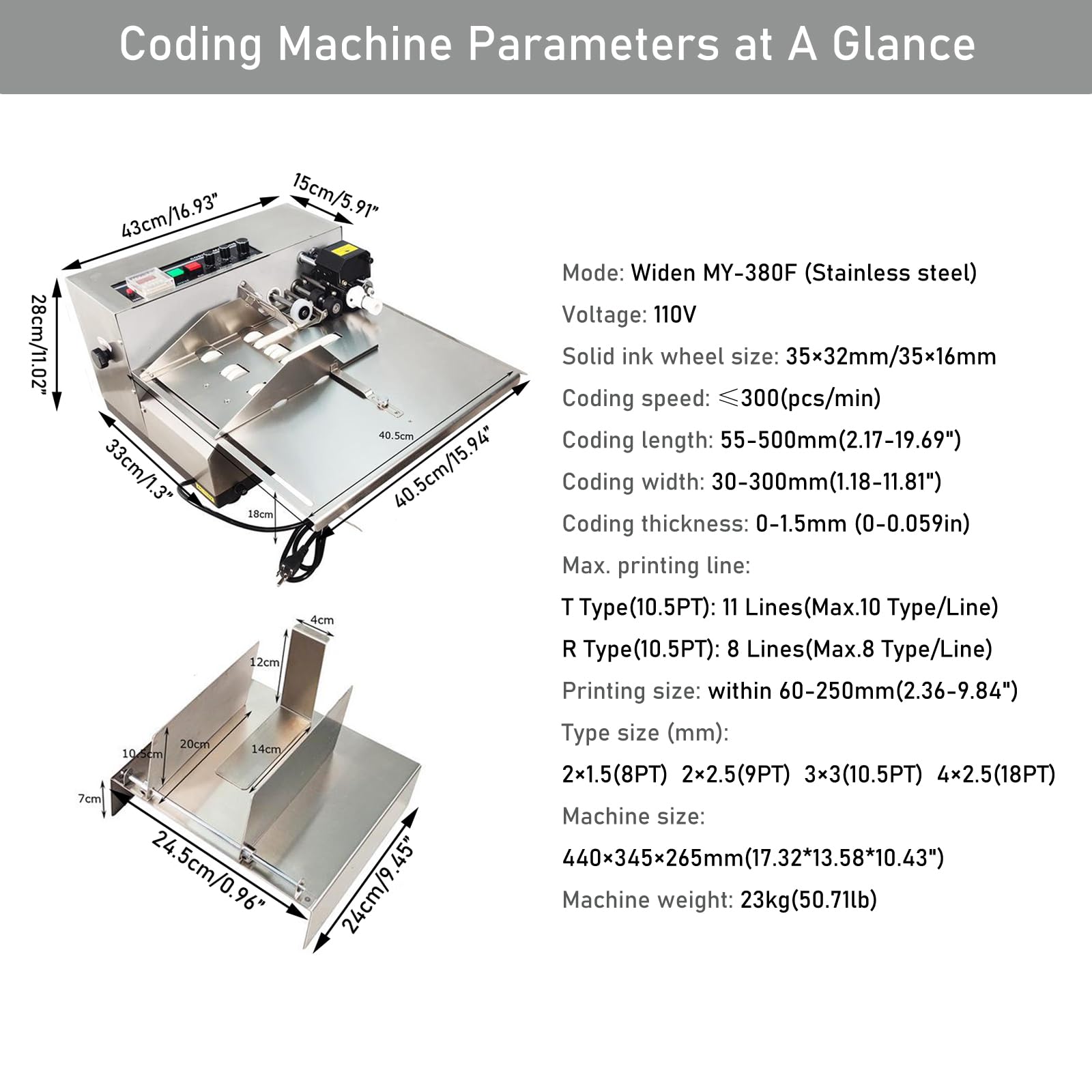 INTSUPERMAI Solid-Ink Coding Continuous Printing Machine Wheel Label Coding Date Paper Printer (Stainless Steel Widen)