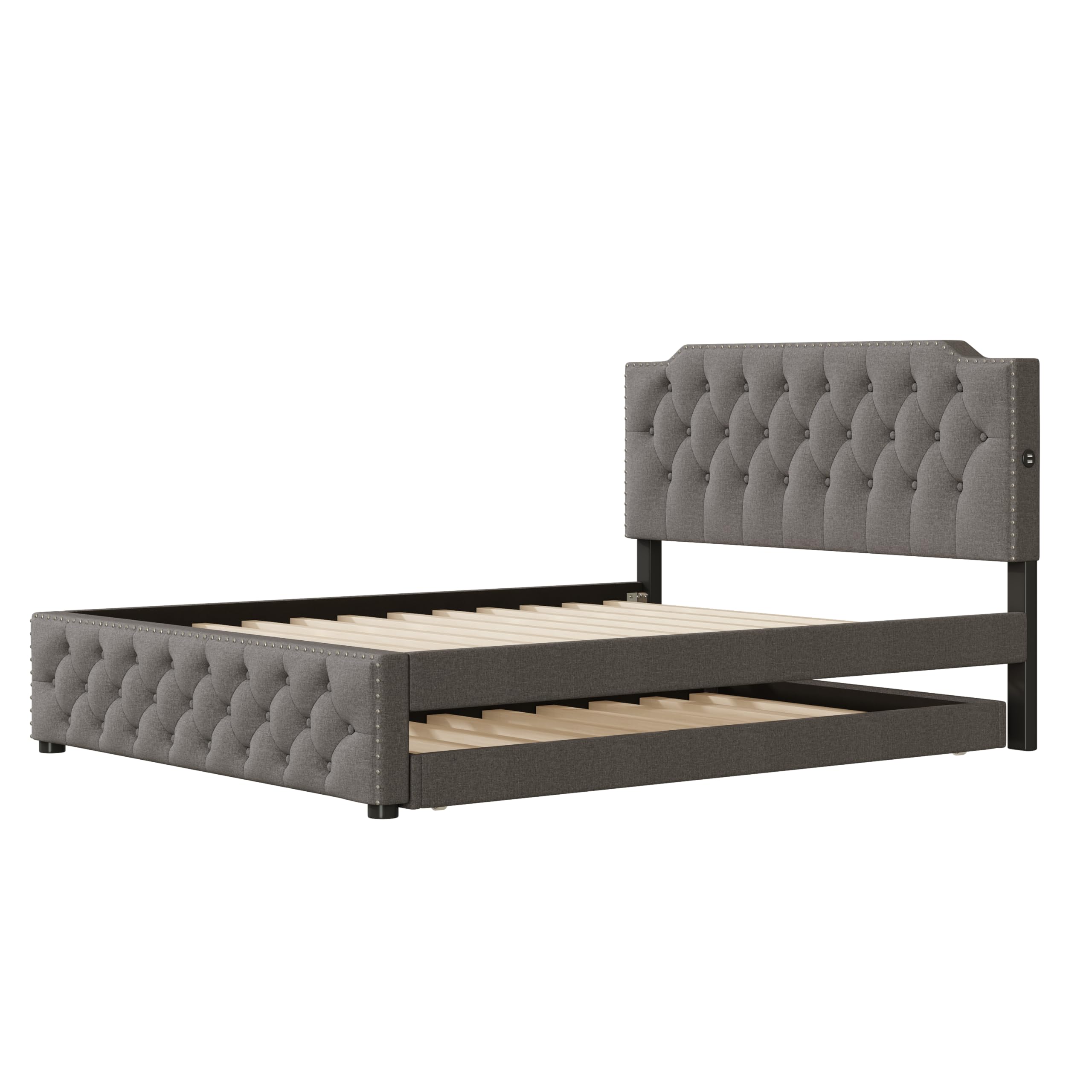 JIVOIT Queen Size Upholstered Platform Bed with Twin Trundle and 2 Sets of USB Ports on Each Side, Linen Fabric Upholstered Bed with Button-Tufted Headboard and Footboard (Gray,Trundle,USB Ports)