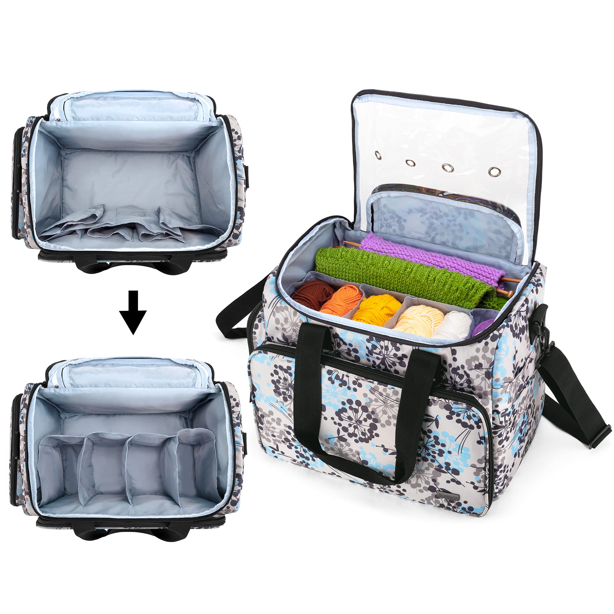 Teamoy Yarn Storage Bag, Travel Knitting Tote Bag with Foldable Inner Dividers for WIP, Yarn Skeins and Knitting Accessories, Purple