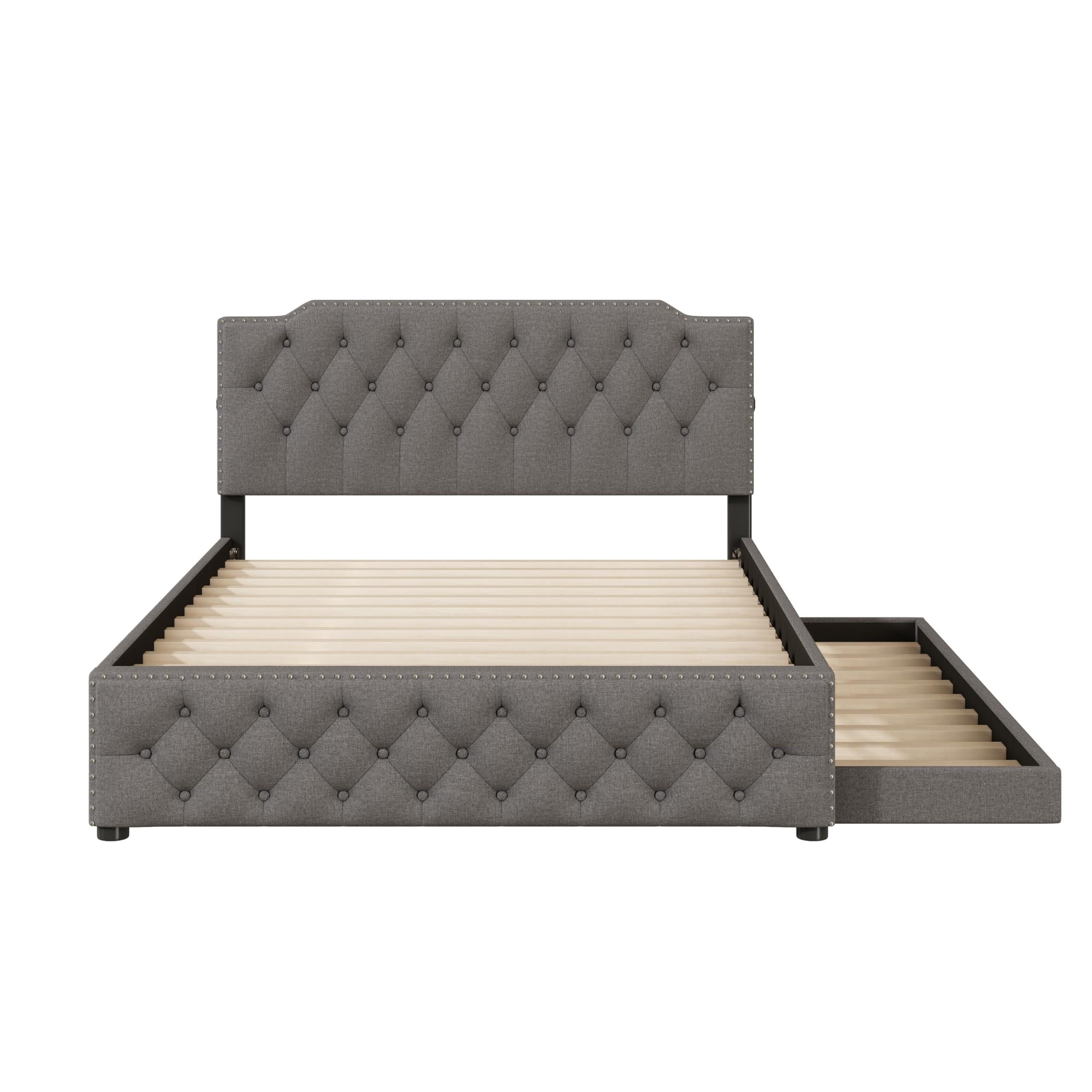 JIVOIT Queen Size Upholstered Platform Bed with Twin Trundle and 2 Sets of USB Ports on Each Side, Linen Fabric Upholstered Bed with Button-Tufted Headboard and Footboard (Gray,Trundle,USB Ports)