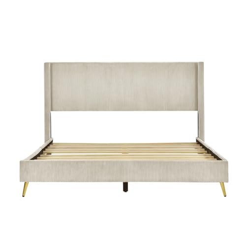 Queen Size Platform Bed Corduroy Upholstered Platform Bed with Wingback Headboard Queen Bed Frame with Metal Legs and Strong Wooden Slats, No Box Spring Needed, Noise Free, Easy Assembly, Beige