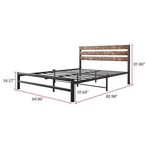 HAHRIR Platform Queen Bed Frame with Rustic Vintage Wood Headboard and Footboard, Mattress Foundation, Strong Metal Slats Support, Noise-Free，No Box Spring Needed，Brown+Black