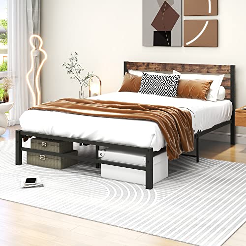 HAHRIR Platform Queen Bed Frame with Rustic Vintage Wood Headboard and Footboard, Mattress Foundation, Strong Metal Slats Support, Noise-Free，No Box Spring Needed，Brown+Black