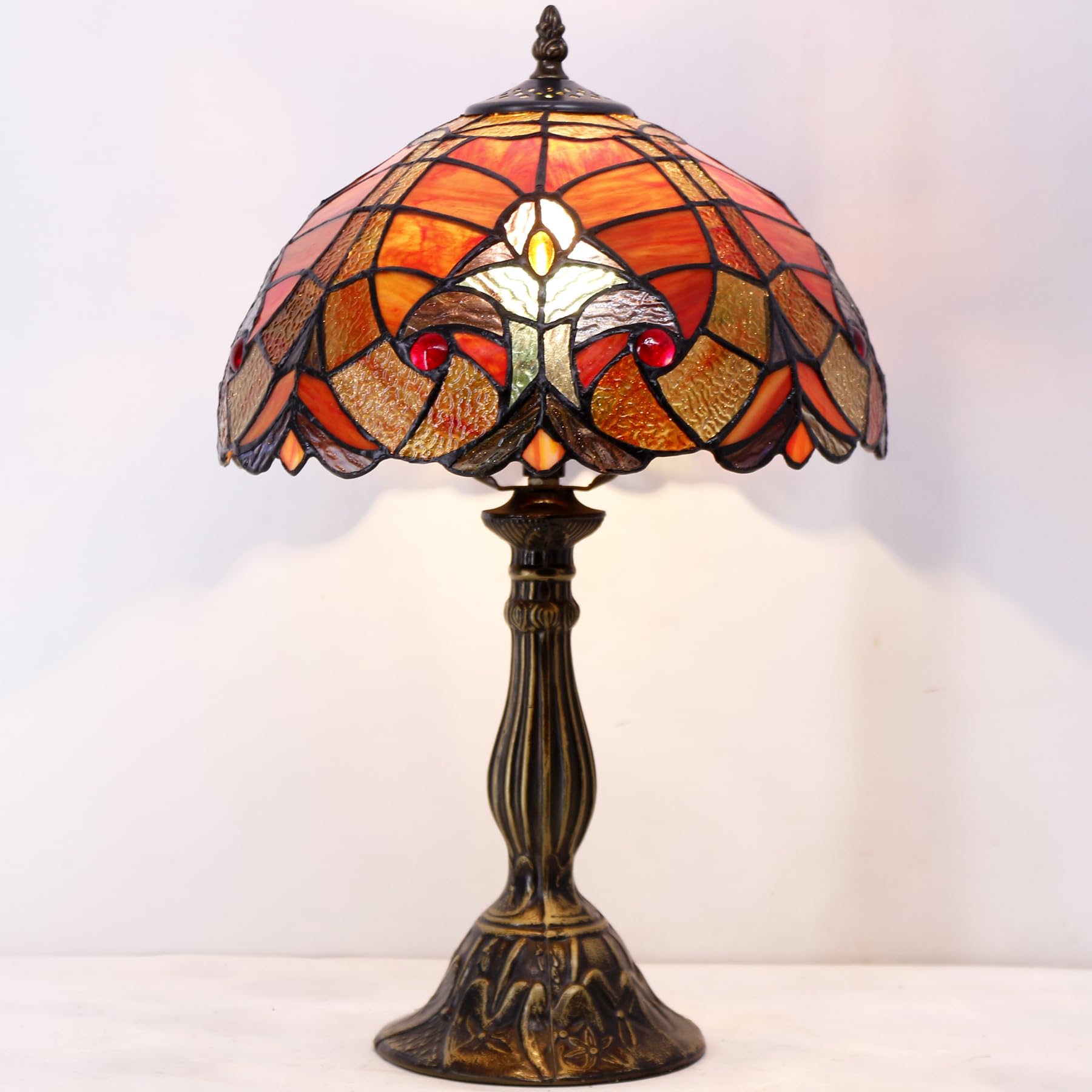 WERFACTORY Tiffany Lamp Red Liaison Stained Glass Table Lamp Desk Bedside Reading Light 12X12X18 Inches Decor Bedroom Living Room Home Office S160R Series