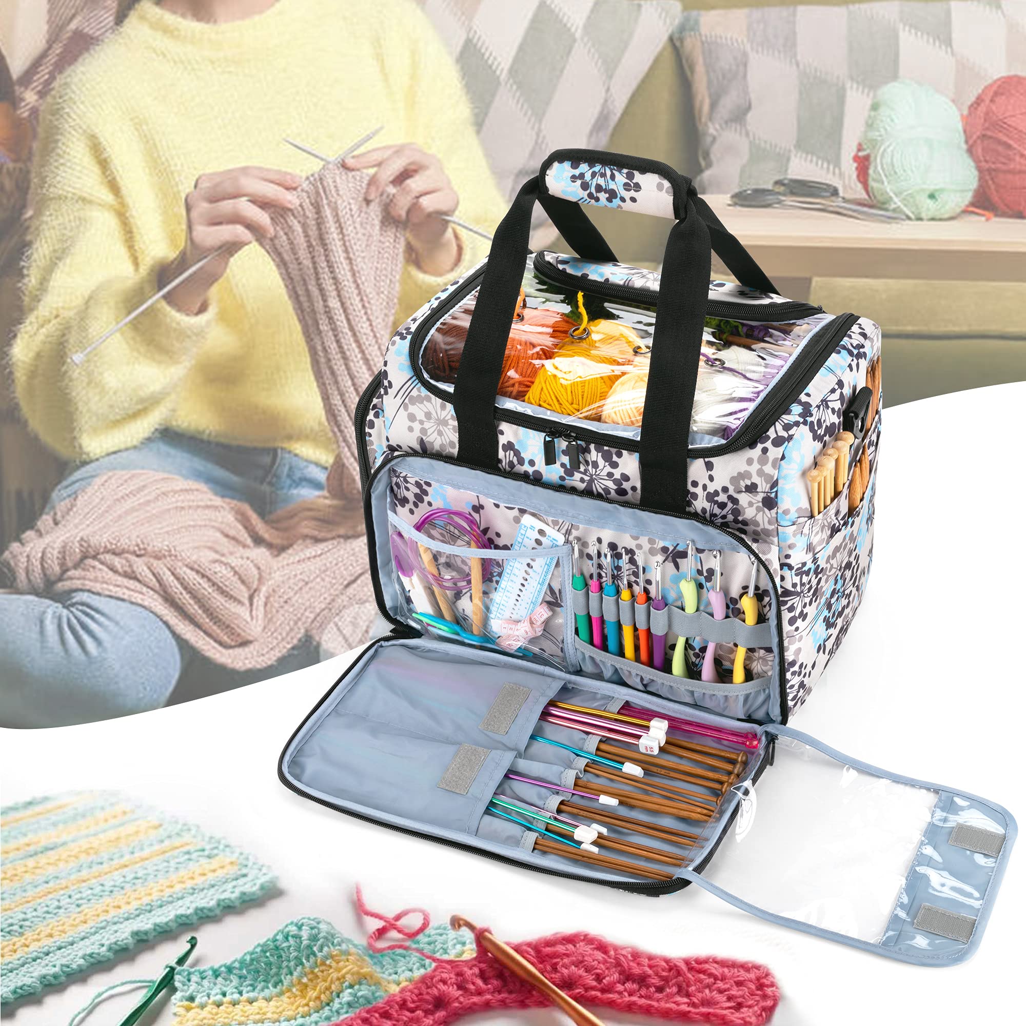 Teamoy Yarn Storage Bag, Travel Knitting Tote Bag with Foldable Inner Dividers for WIP, Yarn Skeins and Knitting Accessories, Purple