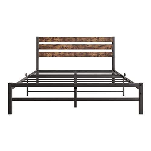 HAHRIR Platform Queen Bed Frame with Rustic Vintage Wood Headboard and Footboard, Mattress Foundation, Strong Metal Slats Support, Noise-Free，No Box Spring Needed，Brown+Black