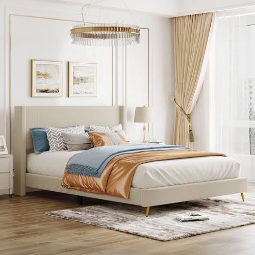 Queen Size Platform Bed Corduroy Upholstered Platform Bed with Wingback Headboard Queen Bed Frame with Metal Legs and Strong Wooden Slats, No Box Spring Needed, Noise Free, Easy Assembly, Beige