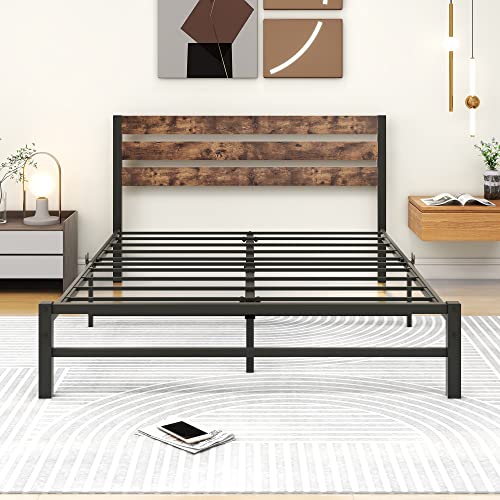 HAHRIR Platform Queen Bed Frame with Rustic Vintage Wood Headboard and Footboard, Mattress Foundation, Strong Metal Slats Support, Noise-Free，No Box Spring Needed，Brown+Black
