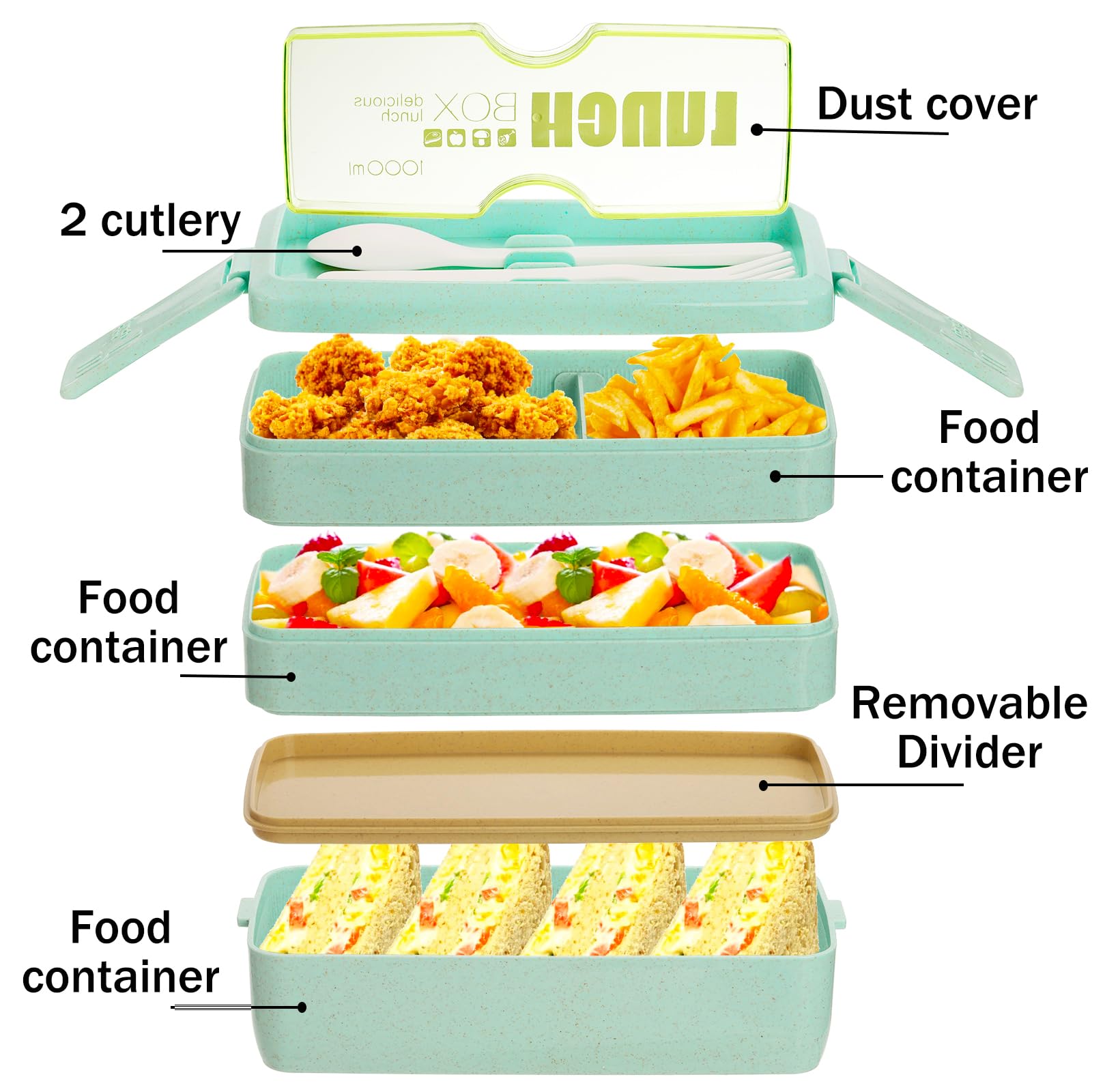Yesland 3 Packs Bento Box, Japanese Lunch Box with Divider, Wheat Straw 3-In-1 Compartment Stackable Lunch Containers Meal Prep Containers for Kids and Adults (Green/Pink/Beige)