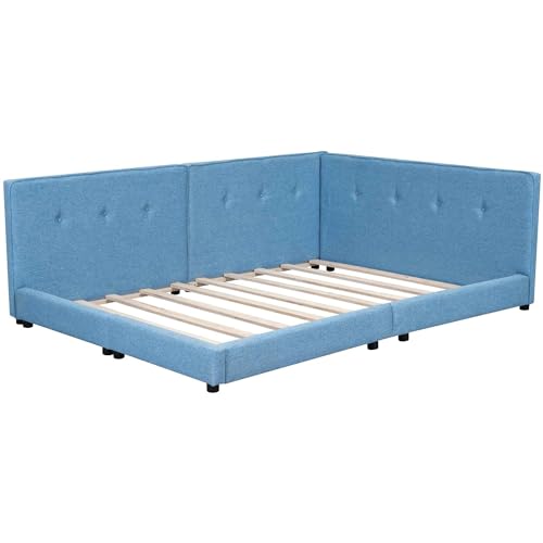 ATY Upholstered Queen Size Daybed with 2 USB Ports, Sofa Bed Platform Bedframe with Slat Support, No Box Spring Needed, for Bedroom, Livingroom, Guestroom, Easy Assembly, Blue