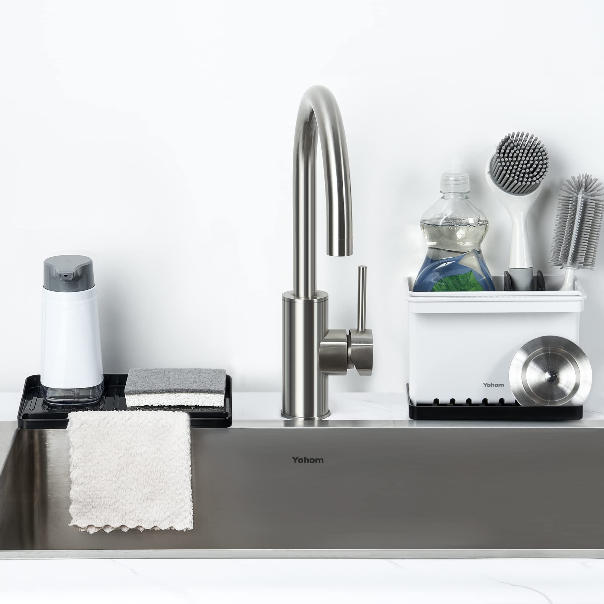 YOHOM Kitchen Sink Caddy Sponge Holder Organizer Brush Holder 2-in-1 Sinkware Caddy with Sink Drain Tray for Kitchen Dish Sponge Holder with 4 Adjustable Divider