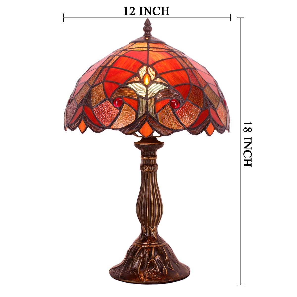 WERFACTORY Tiffany Lamp Red Liaison Stained Glass Table Lamp Desk Bedside Reading Light 12X12X18 Inches Decor Bedroom Living Room Home Office S160R Series