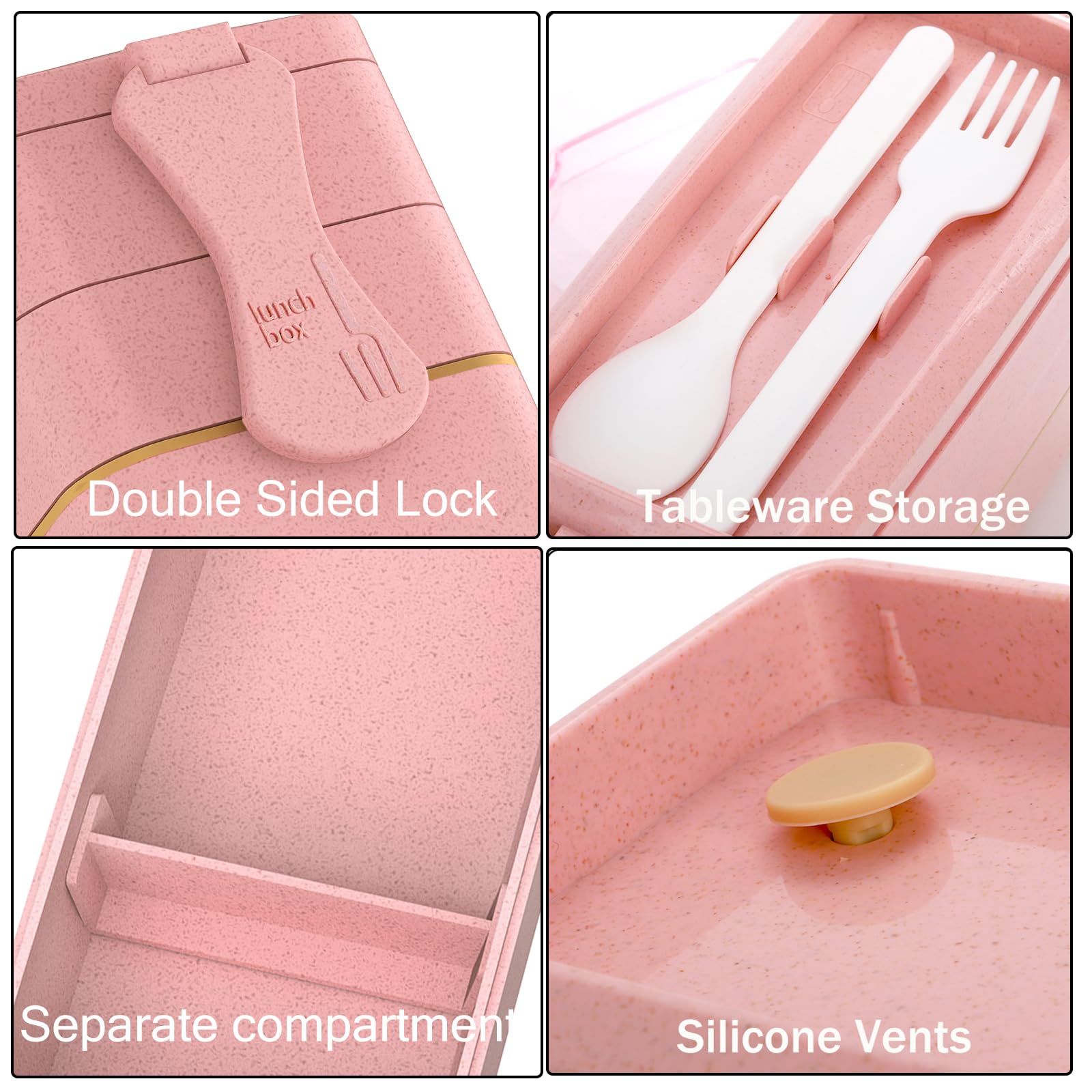 Yesland 3 Packs Bento Box, Japanese Lunch Box with Divider, Wheat Straw 3-In-1 Compartment Stackable Lunch Containers Meal Prep Containers for Kids and Adults (Green/Pink/Beige)