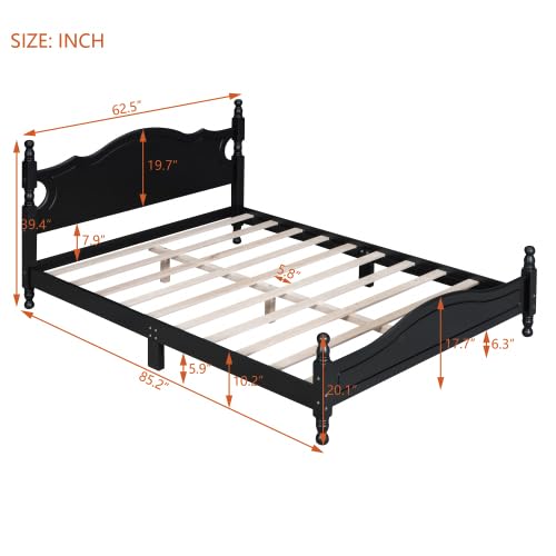 Wekity Queen Size Wood Platform Bed Frame,Retro Style Platform Bed with Wooden Slat Support (Black)