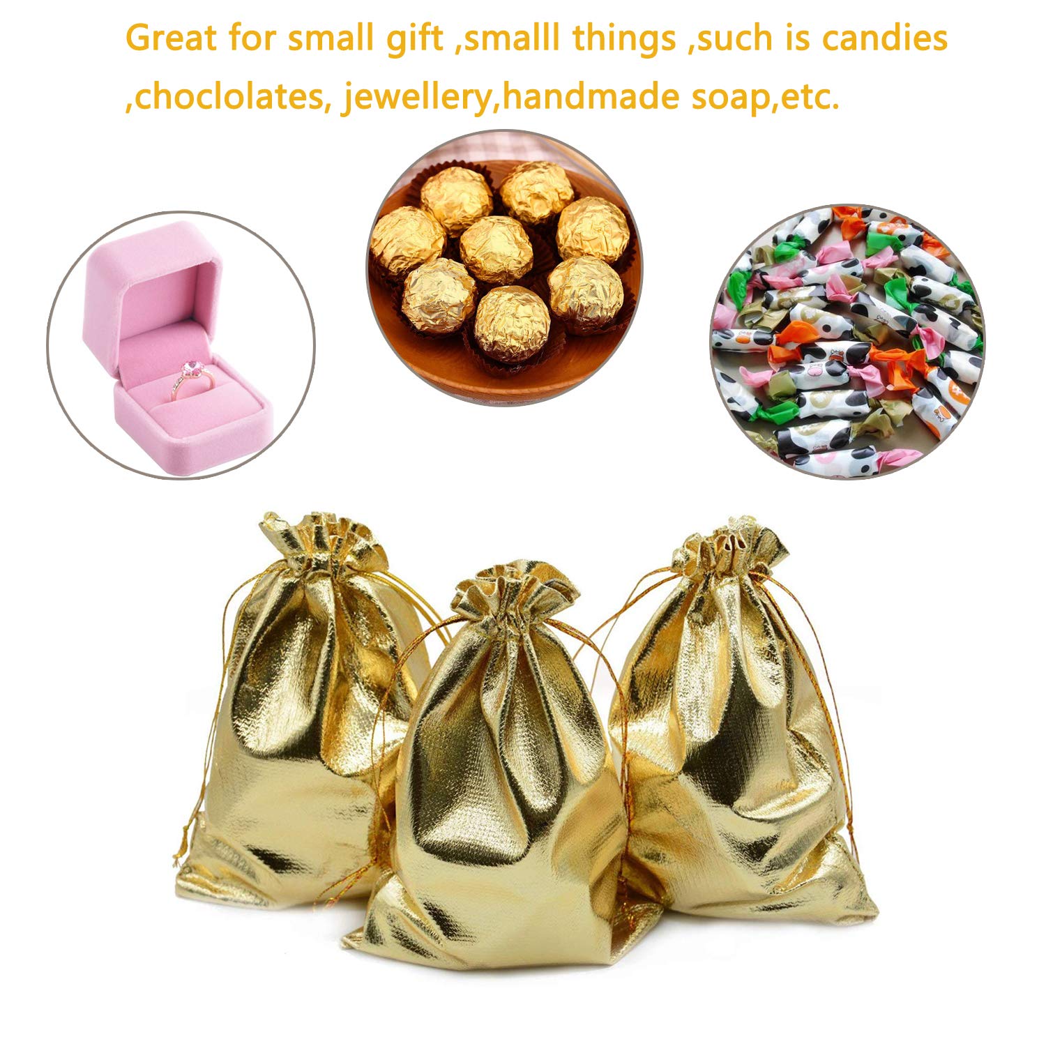 BEAVOING Pack of 100 3.54"x4.72" Heavy Duty Gold Drawstring Organza Jewelry Pouches Wedding Party Christmas Favor Gift Candy Chocolate Bags (Gold, 3.54"x4.72")