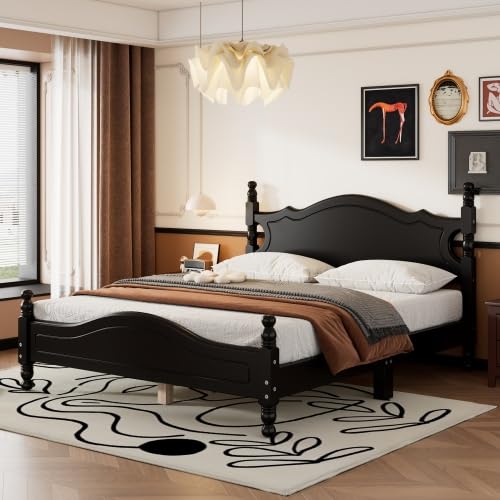 Wekity Queen Size Wood Platform Bed Frame,Retro Style Platform Bed with Wooden Slat Support (Black)