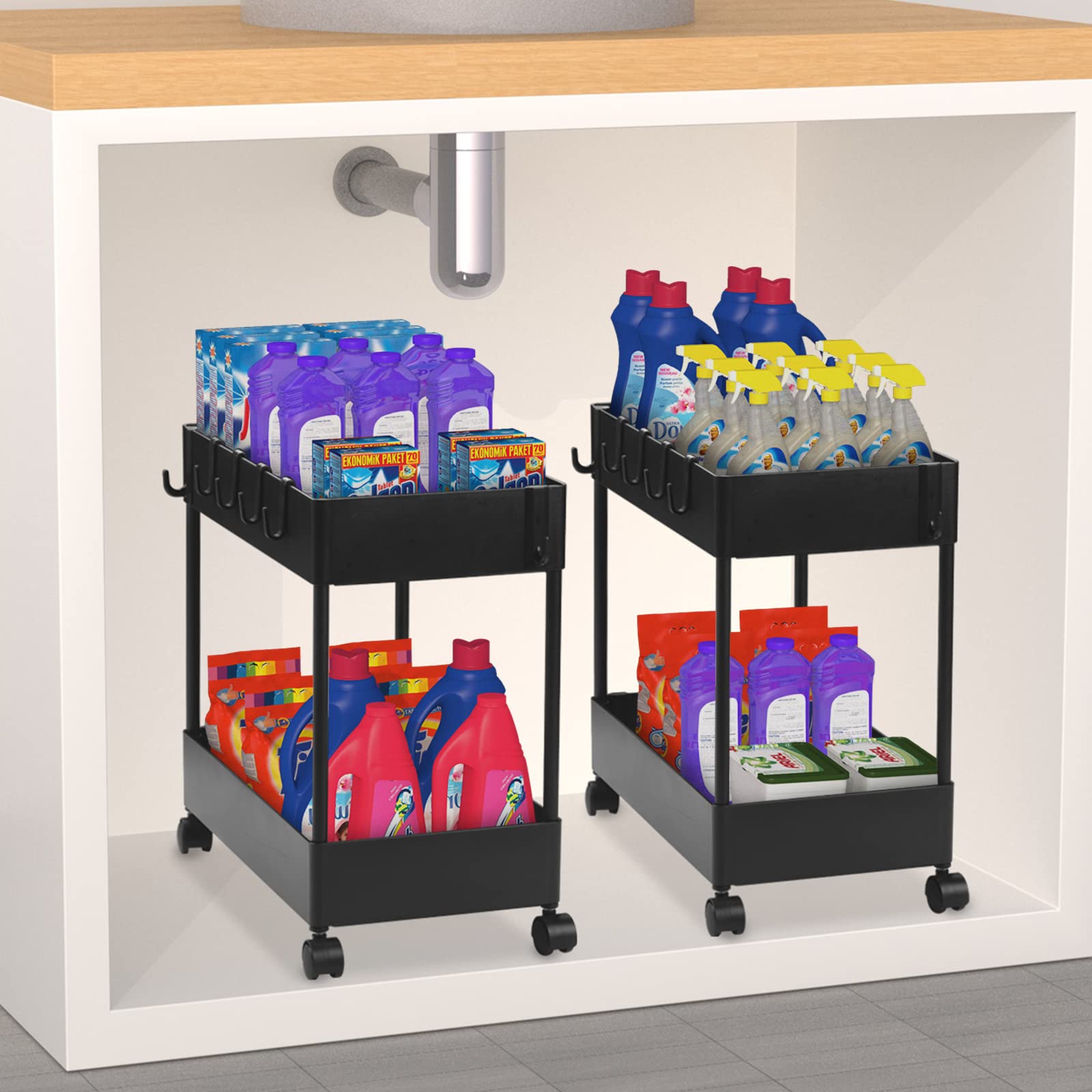 zpose 2 Tier Under Sink Organizer,Under Kitchen Sink Organizers and Storage with Hooks Wheels Under Cabinet Organizer Baskets Multi-purpose Bathroom Under Sink Shelf ,Black,2 Piece