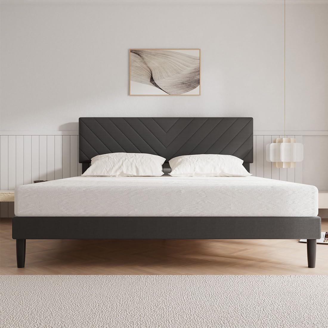 Upholstered Bed Frame Platform with High-Adjustable Headboard and Solid Wood Slats Support, Strong Weight Capacity, Non-Slip and Noise-Free,No Box Spring Needed, Easy Assembl,Grey (Queen)