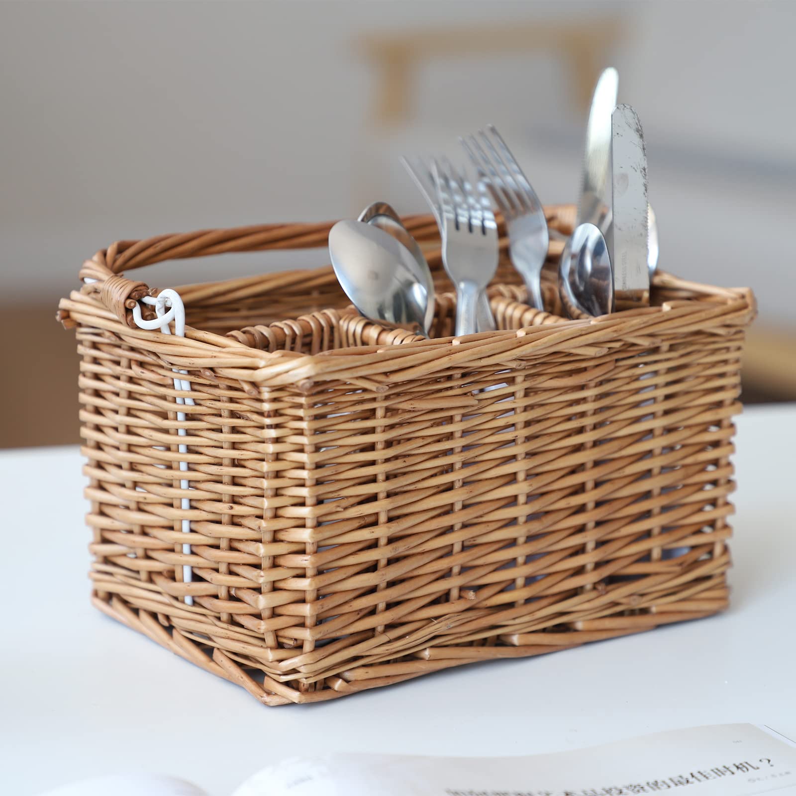 JJSQYLAN Wicker Utensil Caddy Cutlery Holder Flatware Caddy for Kitchen Dining Table, Restaurant, Cabinet, Pantry - Holds Knives, Forks, Silverware, Serving Utensils (wicker-1pcs)