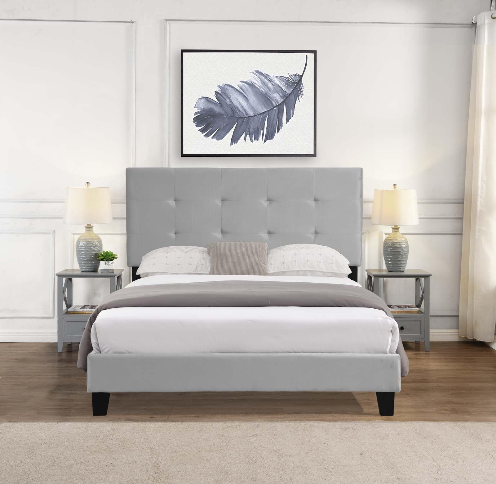 FTOPBTB Queen Size Velvet Upholstered Platform Bed Frame with Pull Point Tufted Headboard, Strong Wood Slat Support, Mattress Foundation, No Box Spring Needed, Under Bed Storage (Queen)