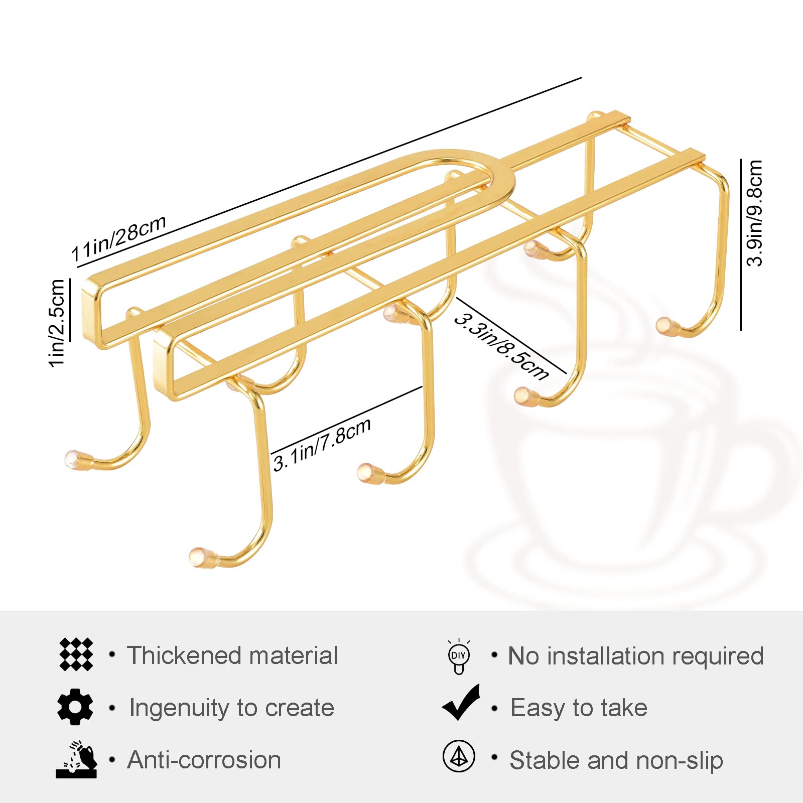 KALYLOC Coffee Mug Holder Under Shelf, Durable 8 Hooks Coffee Mug Hangers Under Cabinet, Champagne Cup Hanger Organizer for Kitchen Utensils Scarf Keys Storage