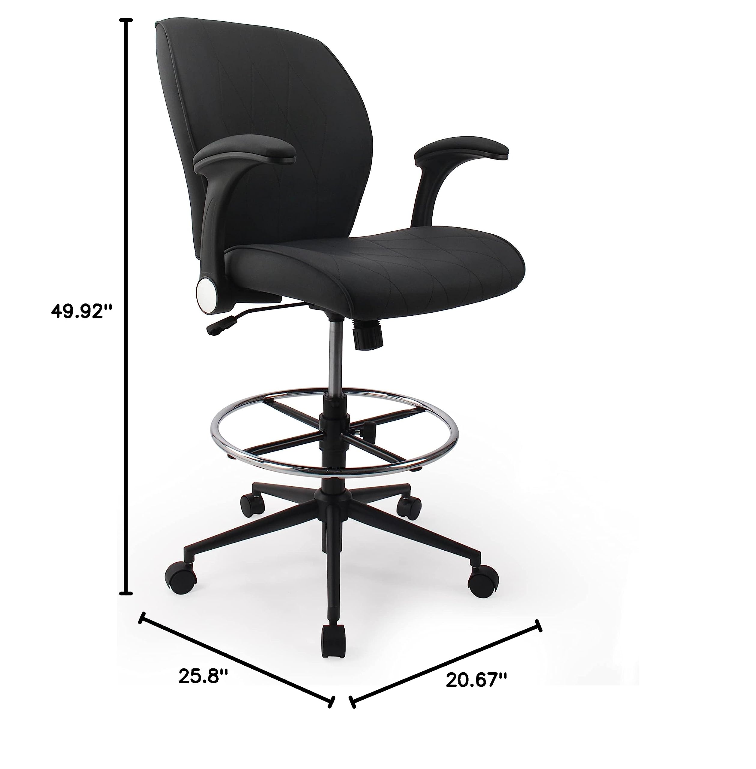 Ergonomic Mid-Back Premium Soft PU Adjustable Drafting Chair with Foot Ring, Standing-Desk Matched Tall Swivel Computer Office Stool, Black