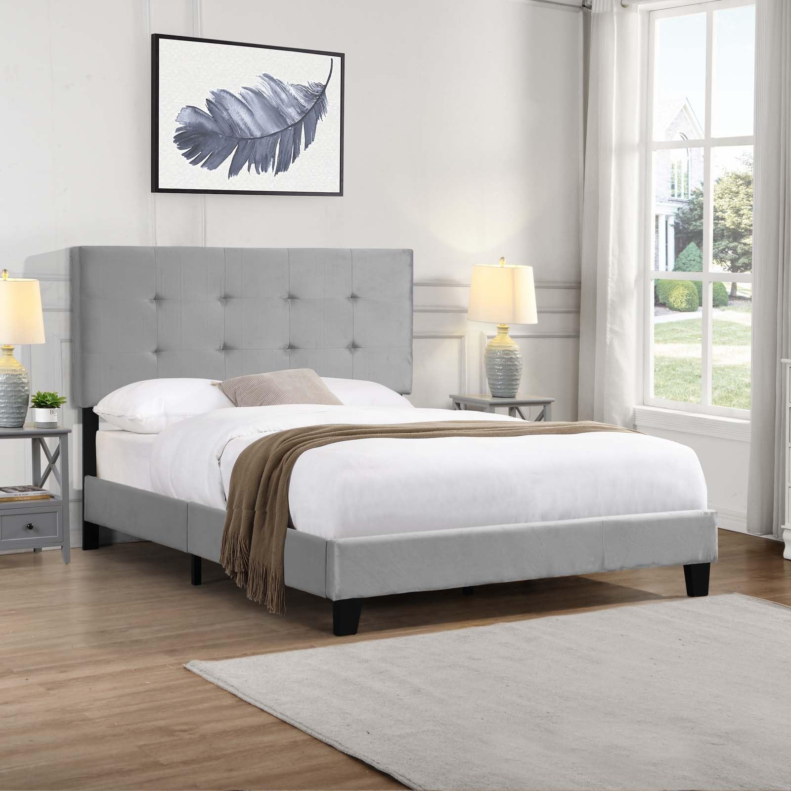 FTOPBTB Queen Size Velvet Upholstered Platform Bed Frame with Pull Point Tufted Headboard, Strong Wood Slat Support, Mattress Foundation, No Box Spring Needed, Under Bed Storage (Queen)