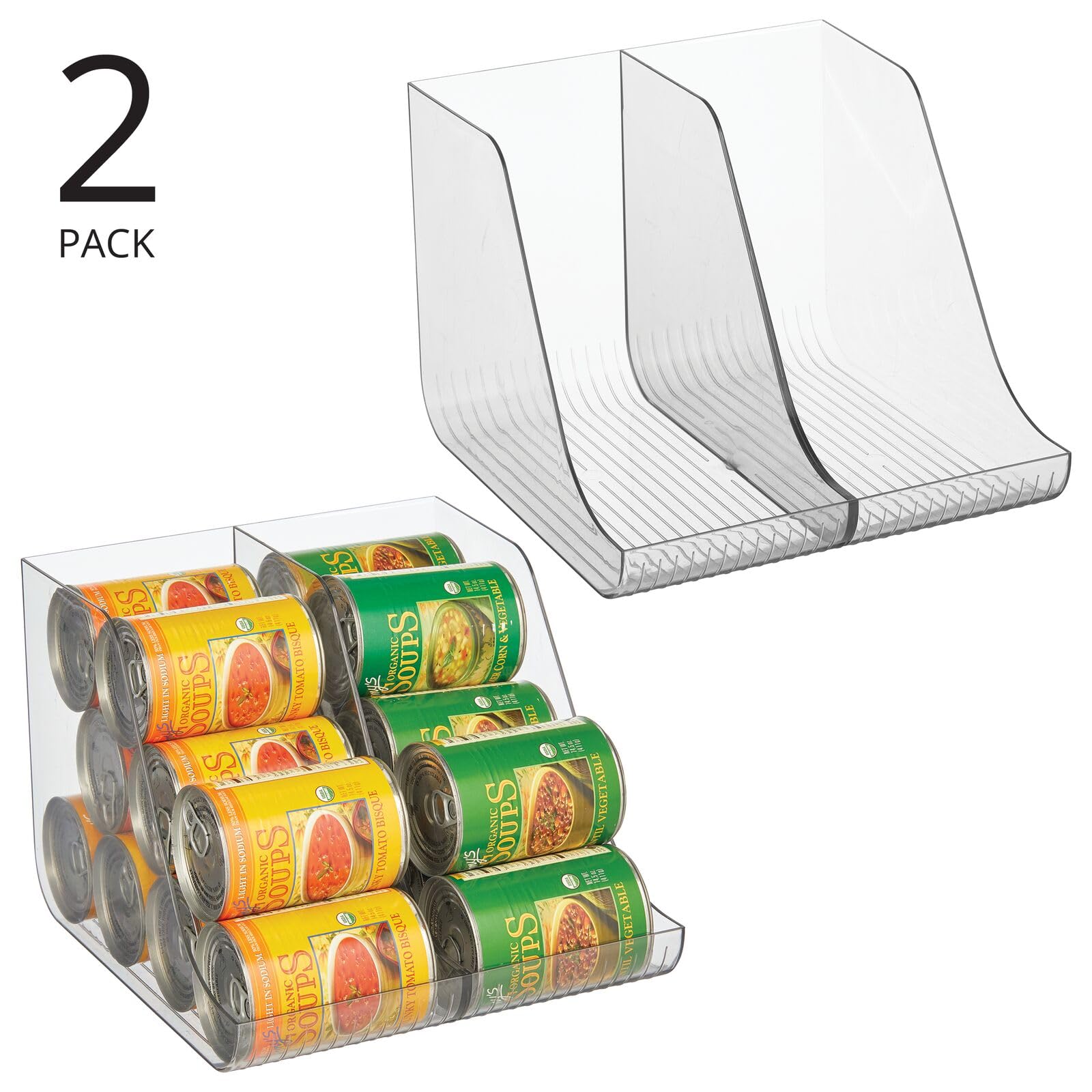 mDesign Plastic Divided Beverage Storage, Can Dispenser Holder for Kitchen, Refrigerator, Fridge, Pantry; Organizer for Soda, Pop, Drinks, Beer; Holds 24-26 Cans, Ligne Collection - 2 Pack - Clear