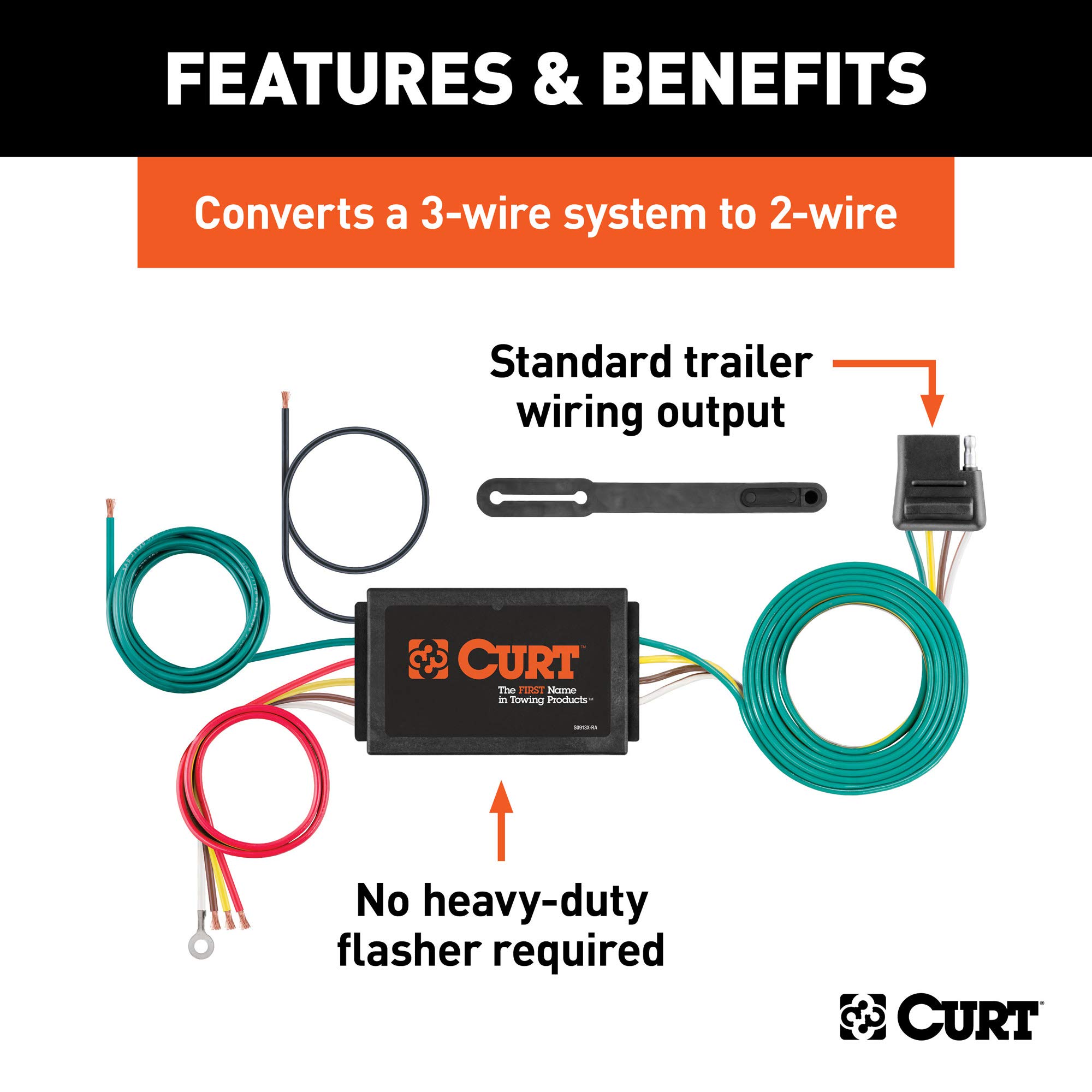 CURT 56187 Powered 3-to-2-Wire Splice-in Trailer Tail Light Converter, 4-Pin Wiring Harness