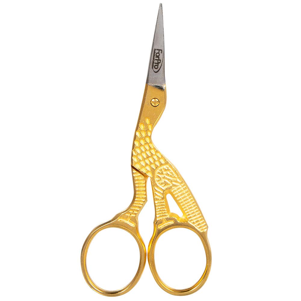 ForPro Professional Collection Gold Stainless Steel Stork Scissors for Sewing, Crafting, Art Work, Threading, Needlework, Super Sharp Sheers for Cutting Fiber Glass and Silk Wraps, 3.75” L