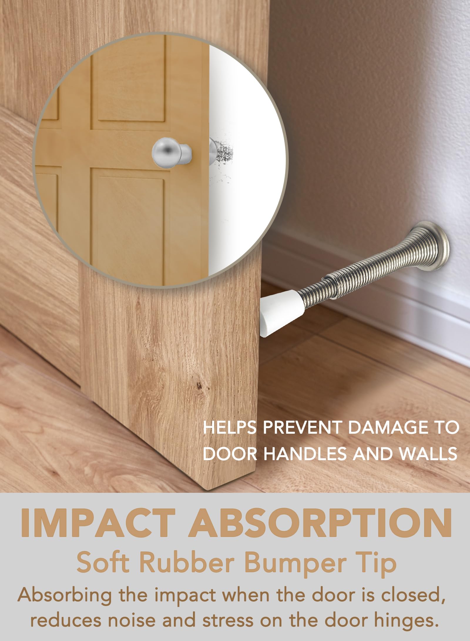 12 Pack Door Stoppers, Extended from 3-Inch to 4inch Spring Door Stop with Rubber Bumper Tips, Prevents Wall &Door Damage, Satin Nickel Finish (Silver)…