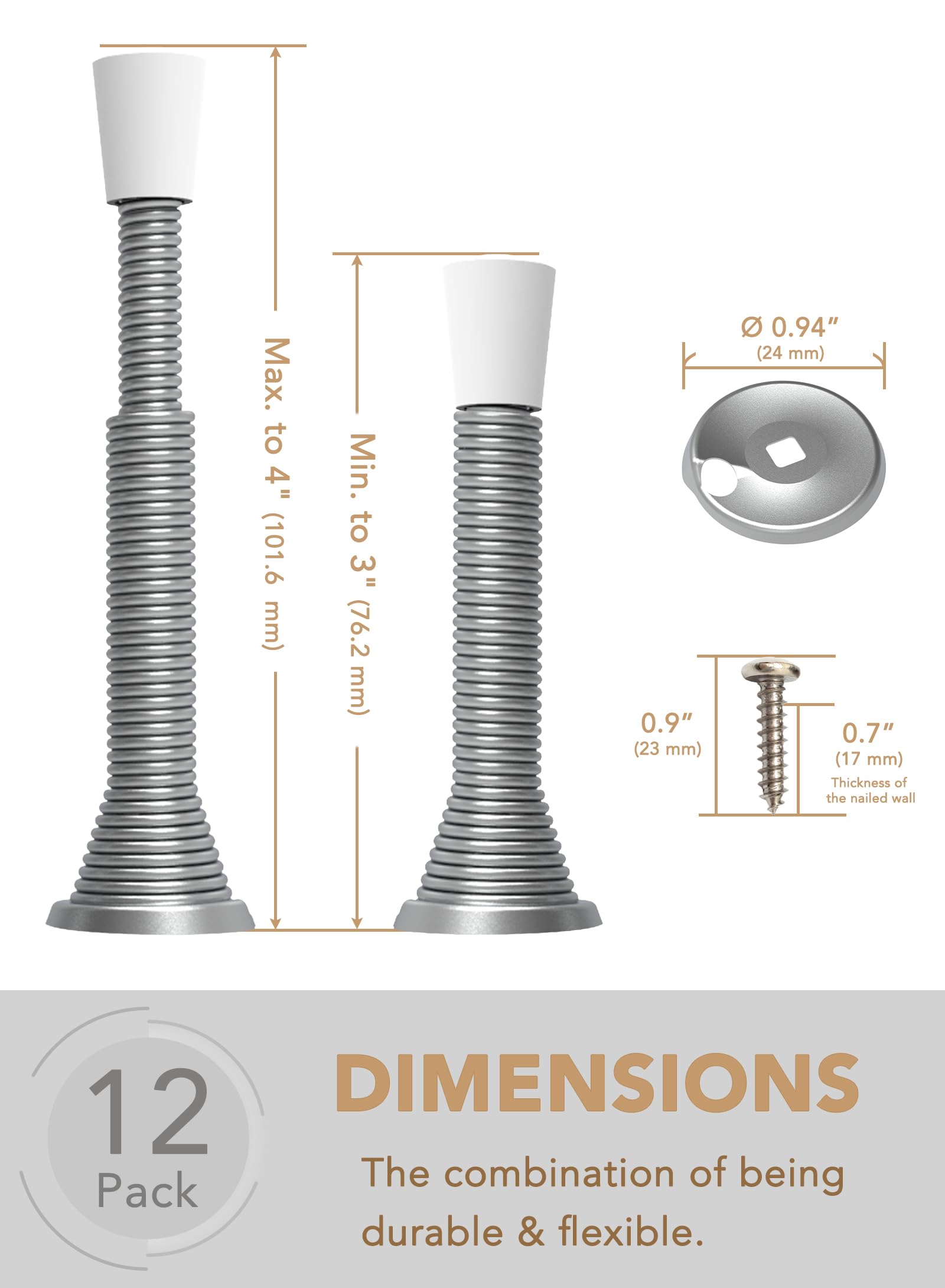 12 Pack Door Stoppers, Extended from 3-Inch to 4inch Spring Door Stop with Rubber Bumper Tips, Prevents Wall &Door Damage, Satin Nickel Finish (Silver)…
