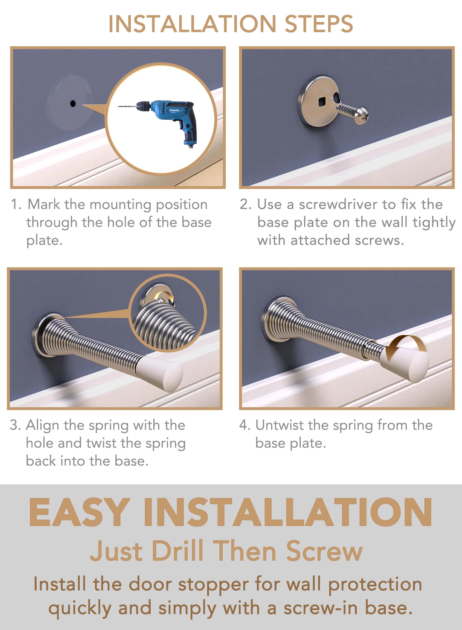 12 Pack Door Stoppers, Extended from 3-Inch to 4inch Spring Door Stop with Rubber Bumper Tips, Prevents Wall &Door Damage, Satin Nickel Finish (Silver)…