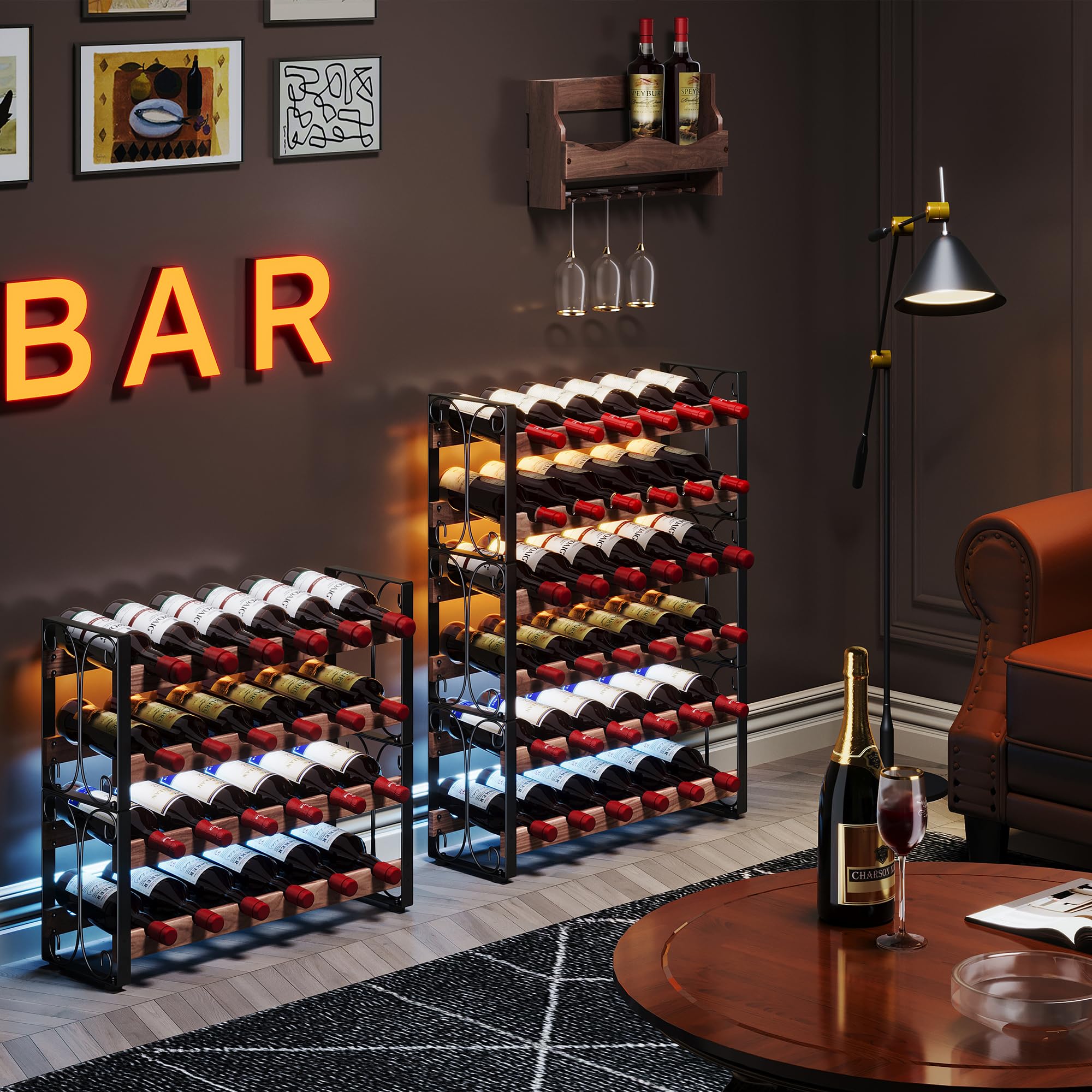 X-cosrack Stackable Rustic 36 Bottle Wine Rack, Freestanding Floor Wine Holder Stand Can Used Separate or Stacked 6 Tier Wobble-Free Wine Display Storage Shelf for Kitchen 24.5''L x 8.6''W x 33.4''H