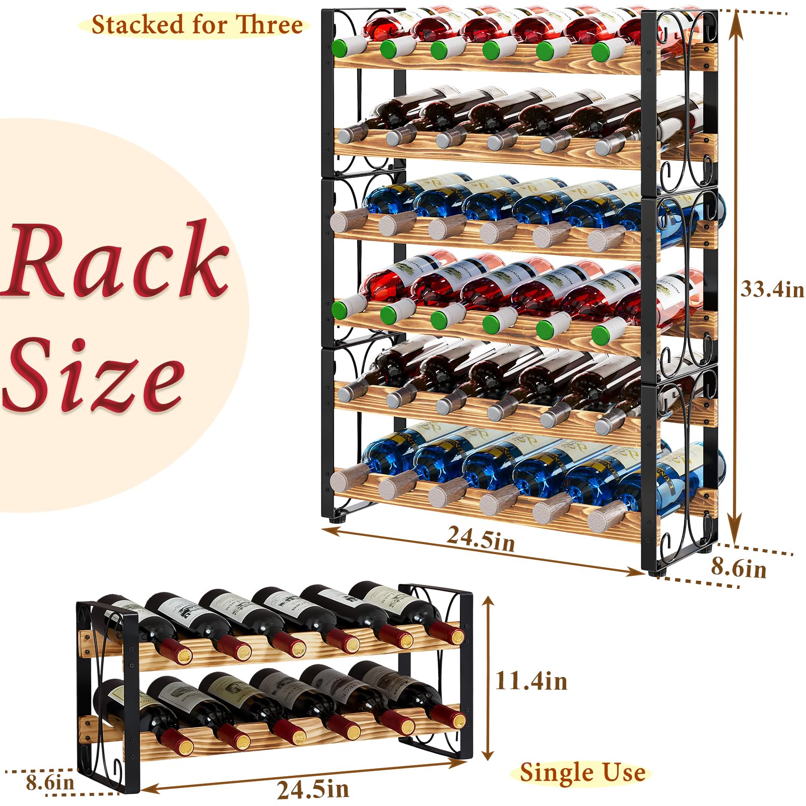 X-cosrack Stackable Rustic 36 Bottle Wine Rack, Freestanding Floor Wine Holder Stand Can Used Separate or Stacked 6 Tier Wobble-Free Wine Display Storage Shelf for Kitchen 24.5''L x 8.6''W x 33.4''H