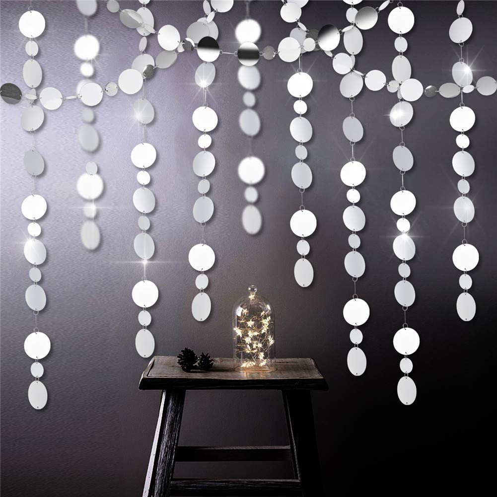 39ft Silver Party Decorations Mirror Circle Dots Garlands for Wedding Party Decorations Hanging Circle Streamer for Baby Shower Bridal Shower Party Banner for Home Decor (Silver)