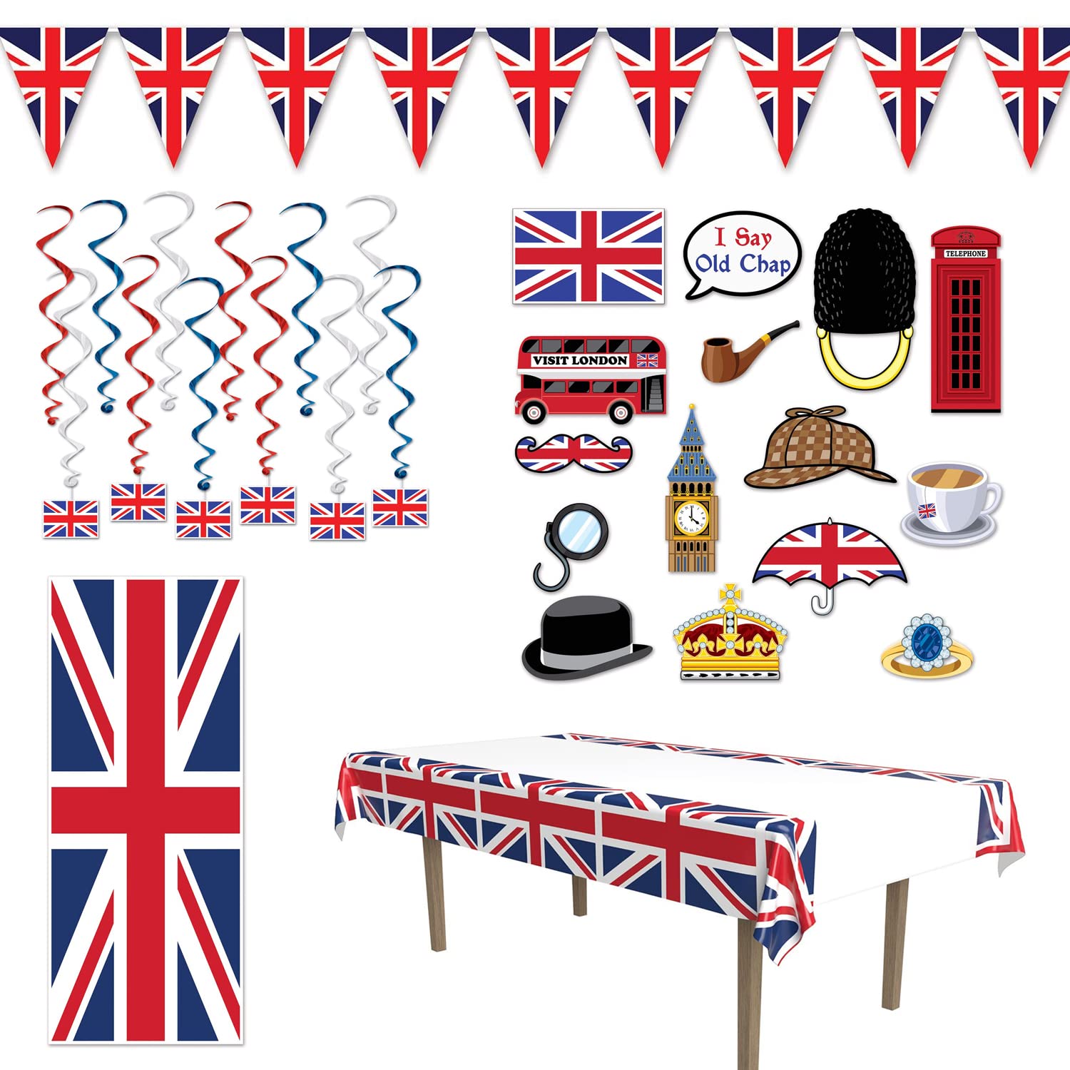 Britain United Kingdom Party Decorations 30 Piece Bundle Table Cover Banner Door Cover Photo Fun Signs Dangling whirls