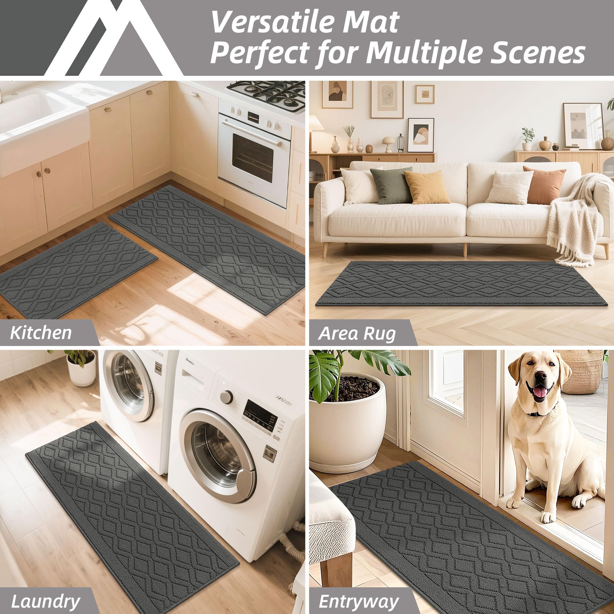 48x20 Inch/30X20 Inch Kitchen Rug Mats Made of 100% Polypropylene 2 Pieces Soft Kitchen Mat Specialized in Anti Slippery and Machine Washable (Grey)