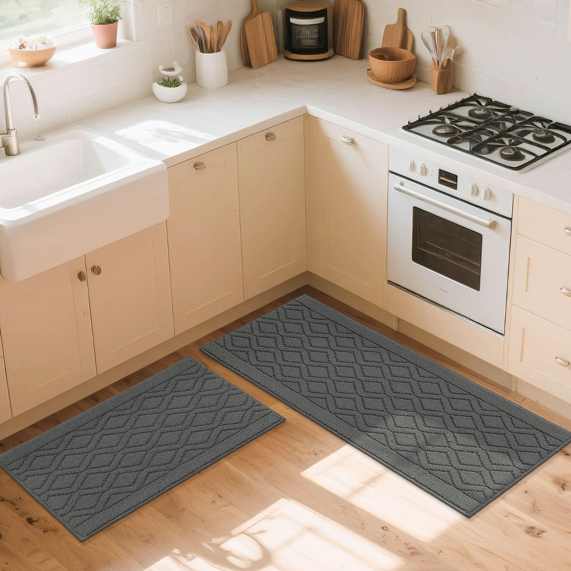 48x20 Inch/30X20 Inch Kitchen Rug Mats Made of 100% Polypropylene 2 Pieces Soft Kitchen Mat Specialized in Anti Slippery and Machine Washable (Grey)