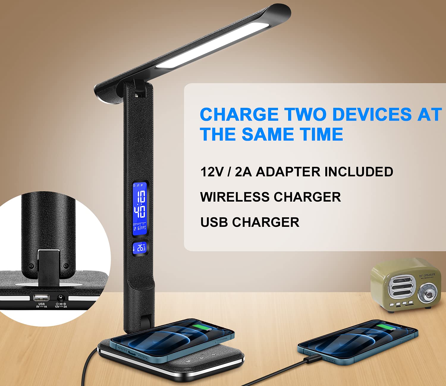 LED Desk Lamp with Wireless Charger, Foldable Touch Console Light, Date,Calendar,Temperature,Clock Display Function, 5-Level Dimmable Lighting, Suitable for Home Office, Reading, Work,study (Black)
